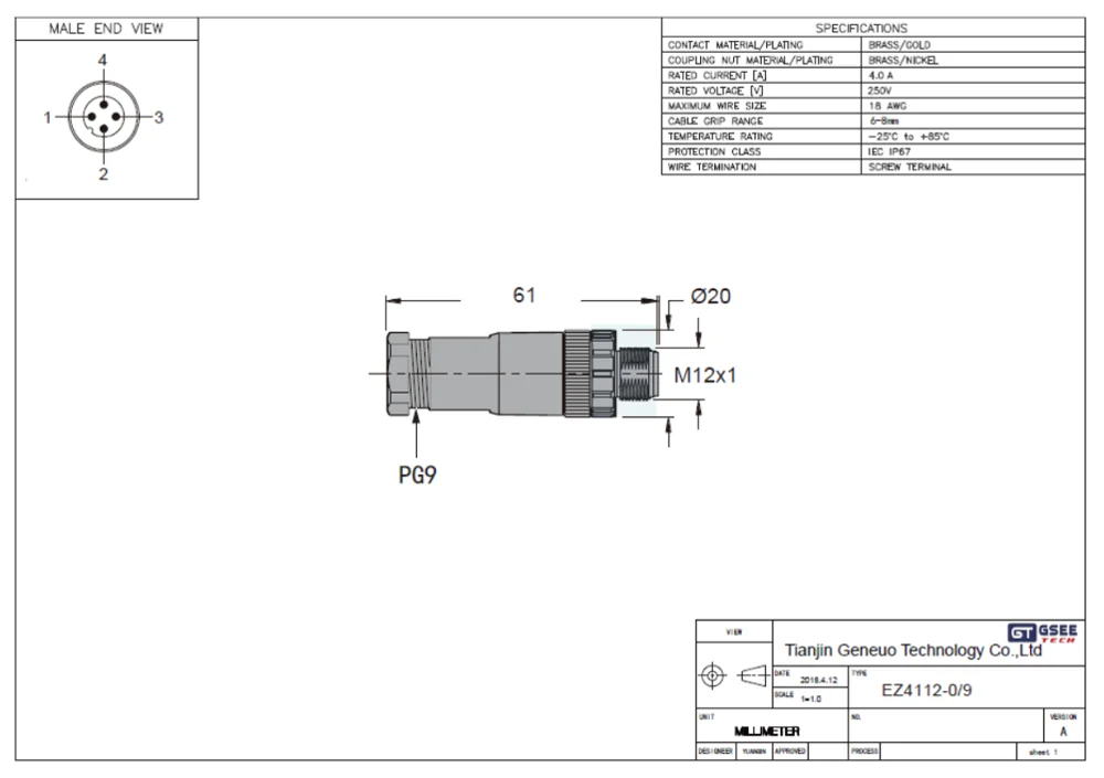 Ip67 Acode Male Straight Pg9 4pin Circular M12 Field Wireable Metal ...