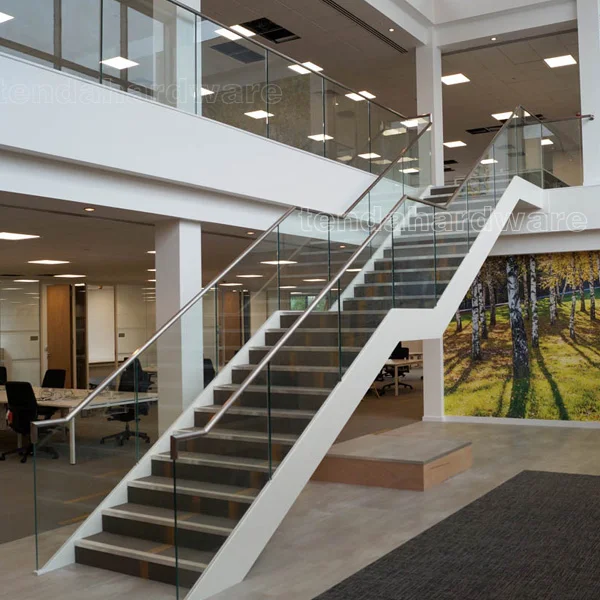 straight flight commercial staircase with closed risers Toughened glass ...