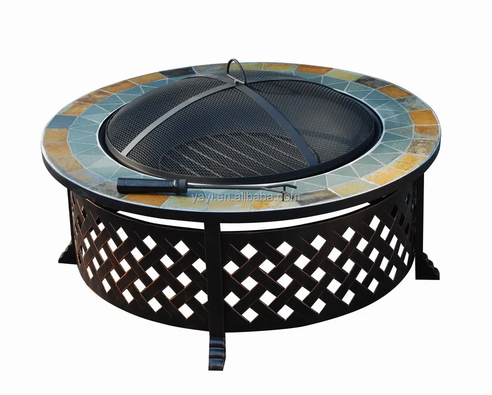 35 Inch Round Table With Lattice Design Metal Brazier Lattice Wood ...