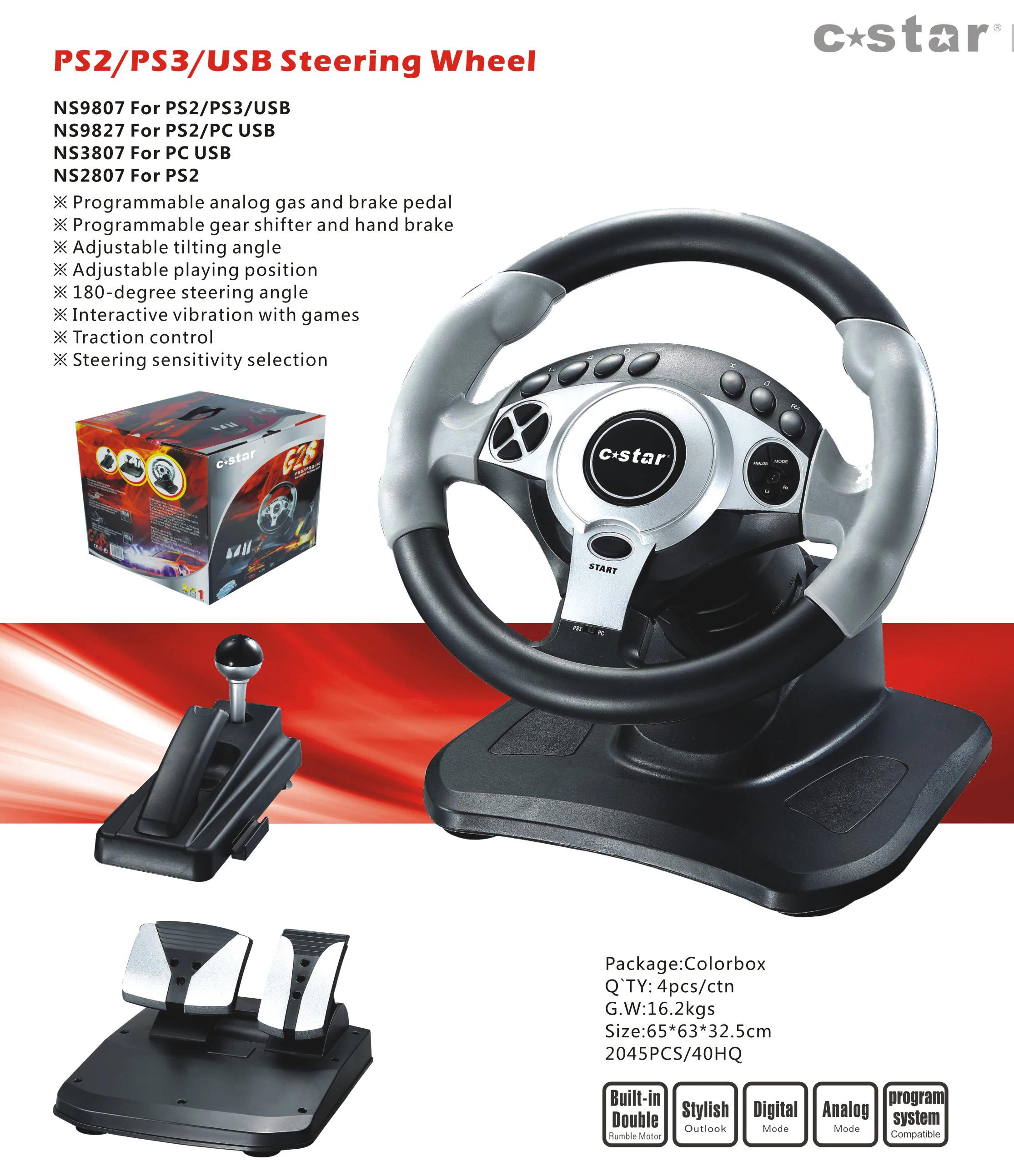 270 Degree Steering Angle Game Wheel Racing Game Controller with Pedal ...