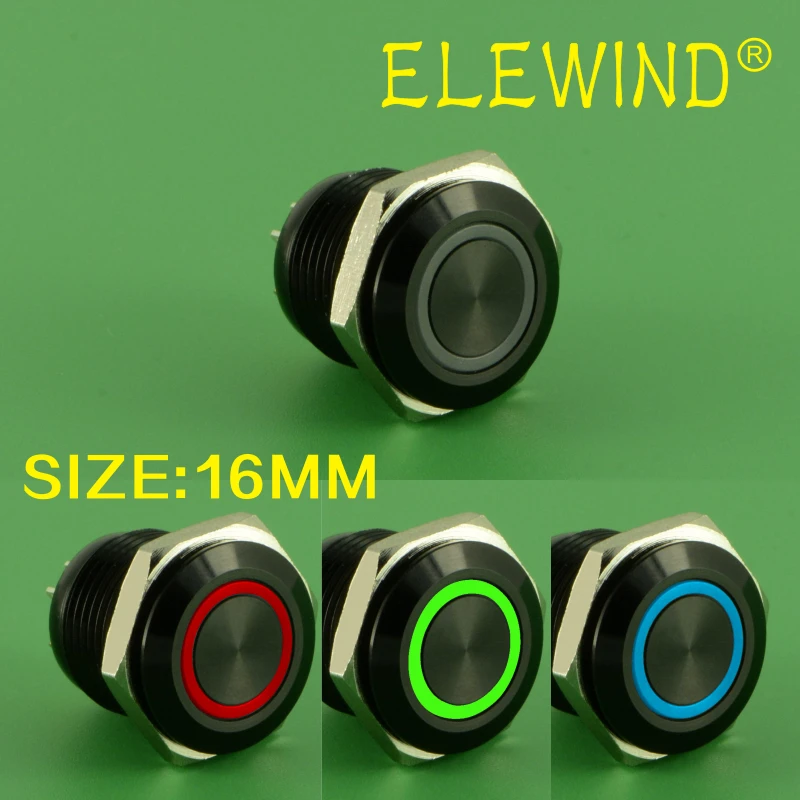 ELEWIND 16mm Black RGB Color Ring Illuminated Push Button Switch