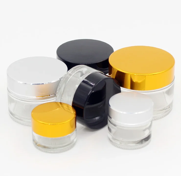 10g 20g 50g Frosted Clear Glass Cream Jars With Gold Aluminum Lid / Cosmetic Empty Round Shape ...