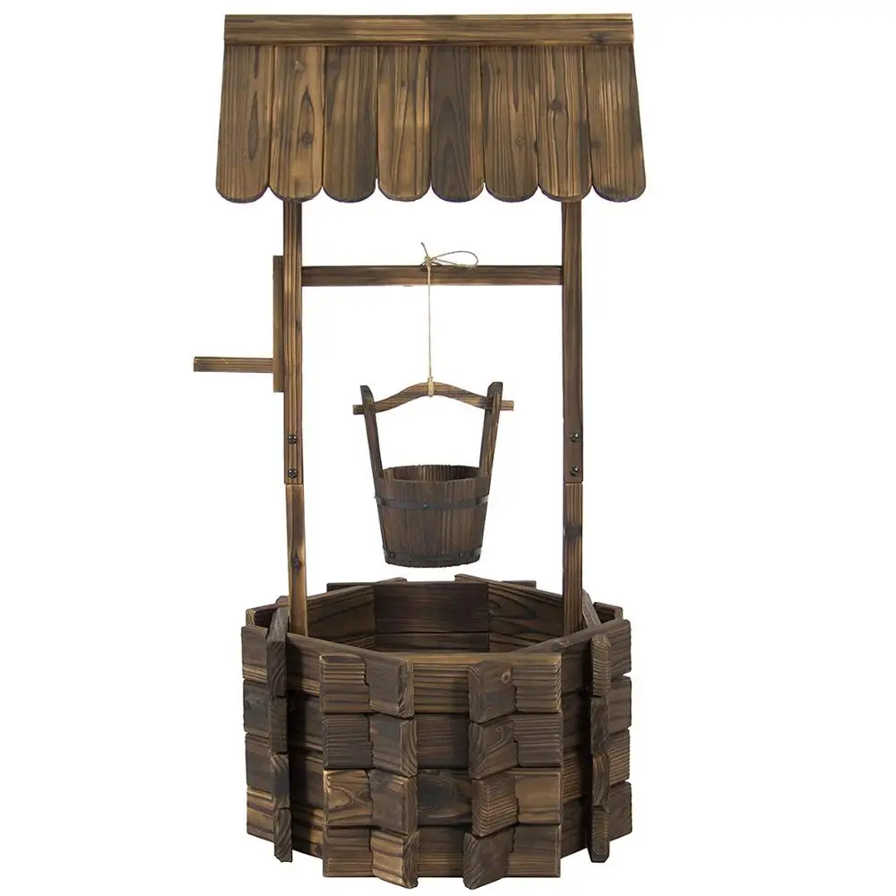 Rustic Wishing Well Bucket Outdoor Fir Wood Planter Wooden Wishing Well ...