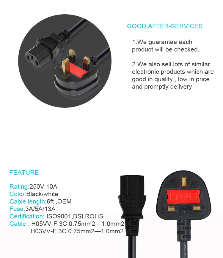 Uk Fuse 3 Pin Extension Ac Electric Cable C13 British Computer Power ...