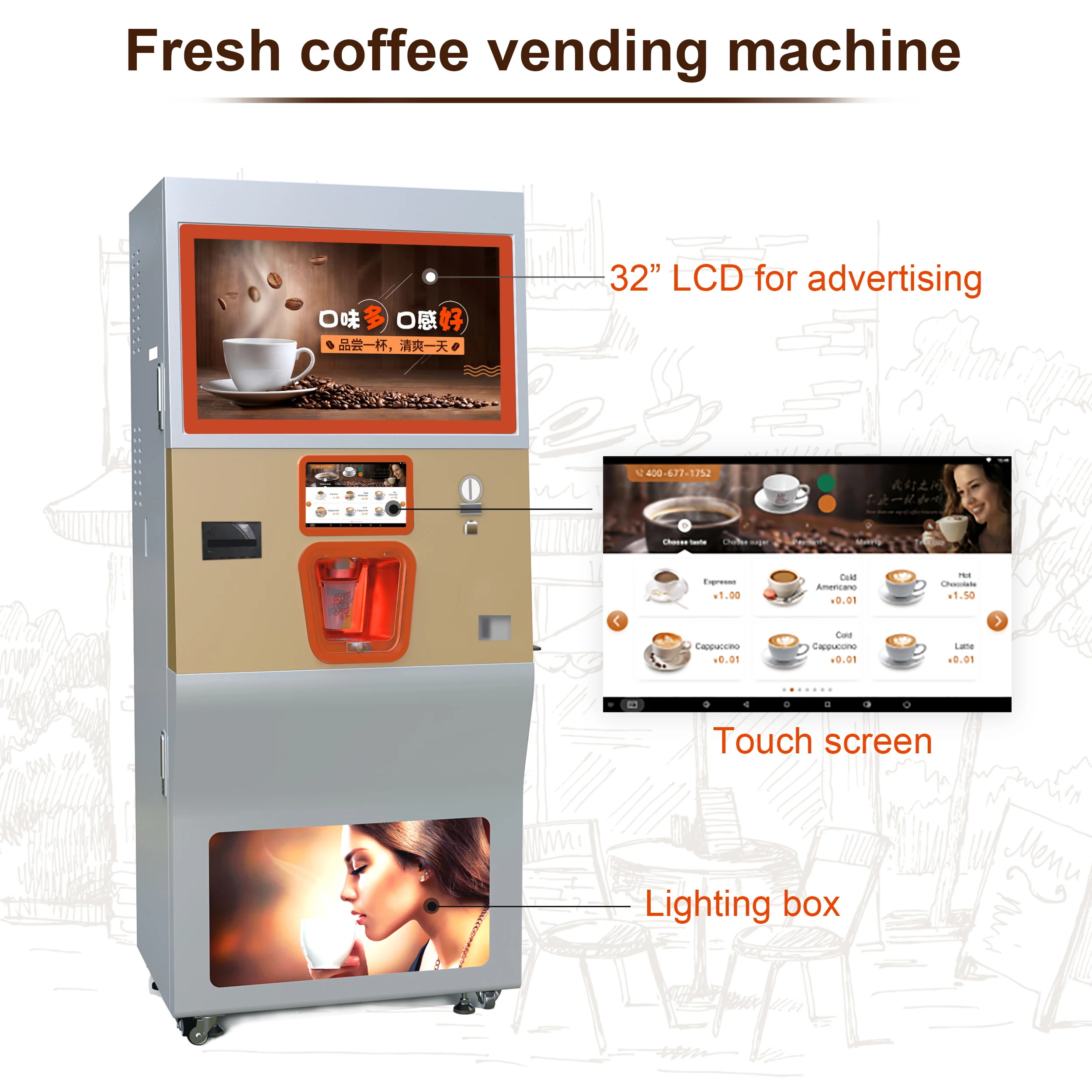 Fully Automatic Ground Coffee Vending Machine With Fresh Bean To Cup ...