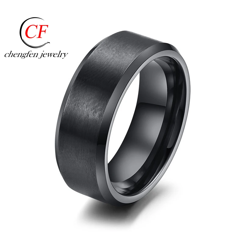 Bevel Black Steel Ring Matte Center Men's Comfort Fit Wedding Ring PVD ...