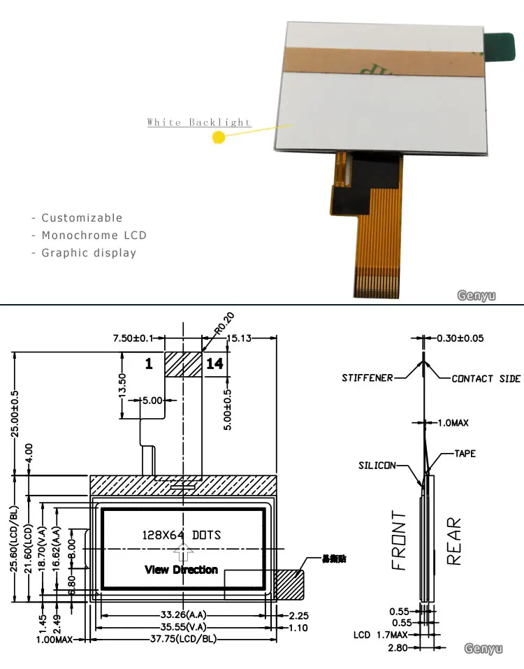 1.45inch 128x64 Graphic Lcd 128x64 Lcd Display 14pin Socket Fpc Uc1701x ...