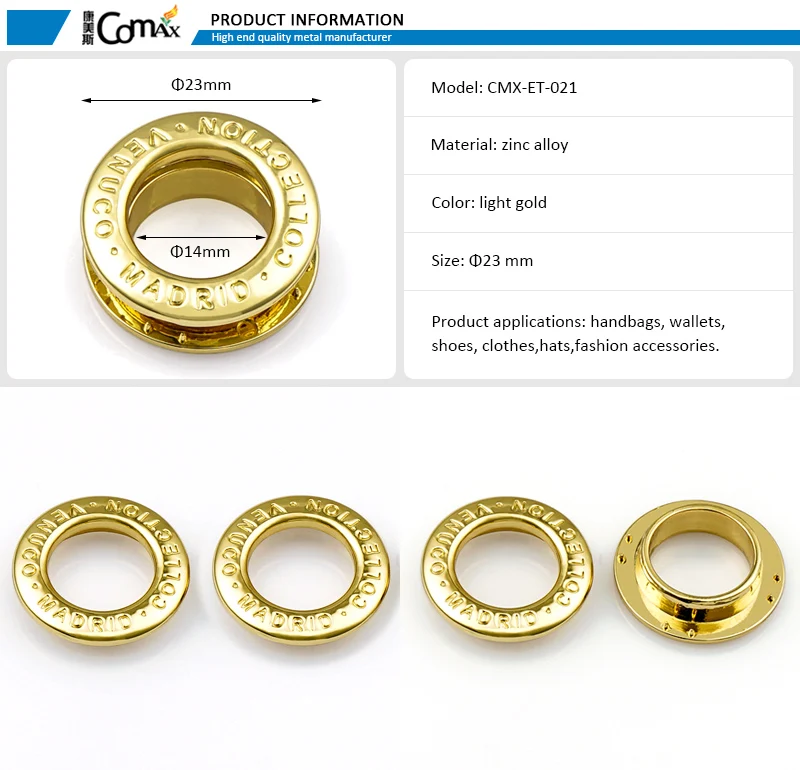 Gold Metal Eyelet Grommet with Engraved Logo for Handbags