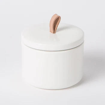 Luxury Leather Strap White Ceramic Candle Container Candle Vessels Ceramic Candle Jar With ...