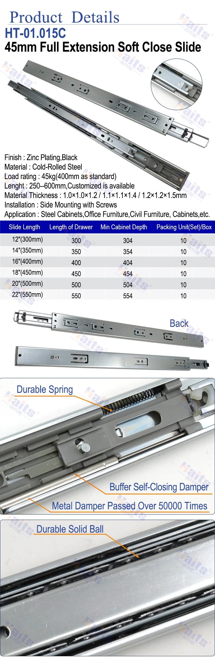 Haits 45mm Double Spring Undermount Soft Closing Drawer Slide HT-01.015C