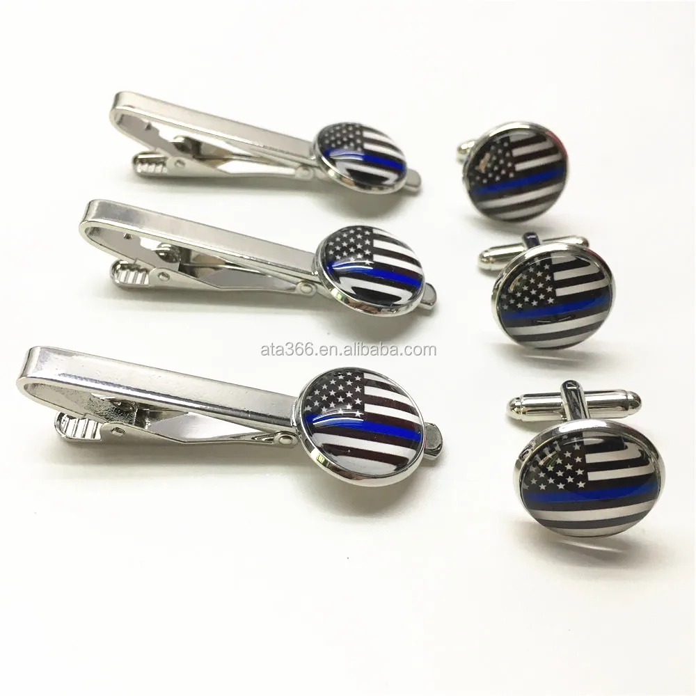 1 Custom Round Thin Blue Line Flag Cufflinks Bage Pin Design Tie Bar ...