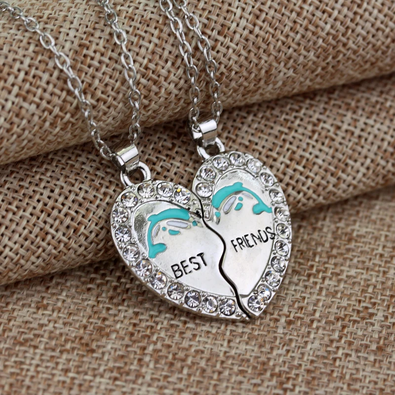 Couple Gift 2 Piece Best Friend Crystal Silver Heart Pendant Chain ...
