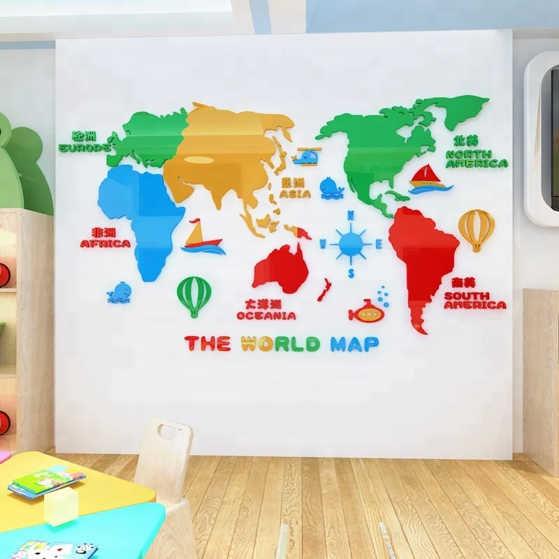 Large colored cartoon world map 3D acrylic wall sticker for children's ...