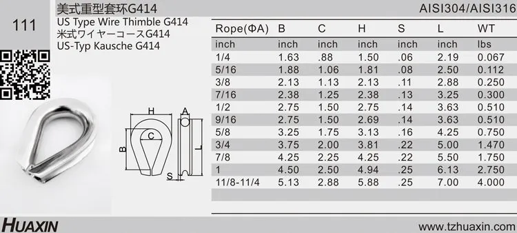 Stainless Steel 304 Heavy Duty G414 Wire Rope Thimbles Cable Thimble ...