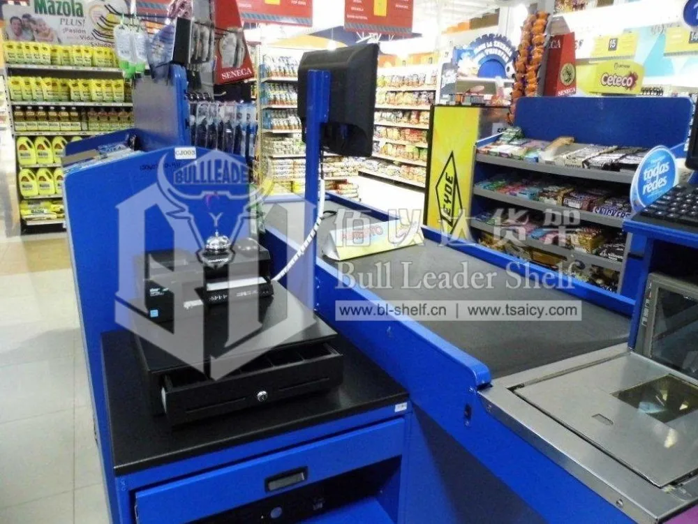 Supermarket Modular Mini Gondola Shelves Checkout Counter With Conveyor ...
