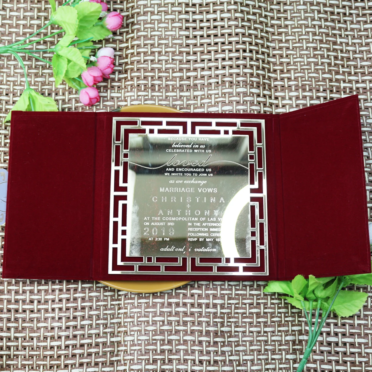 Burgundy Velvet Acrylic Wedding Invitation Card Folder