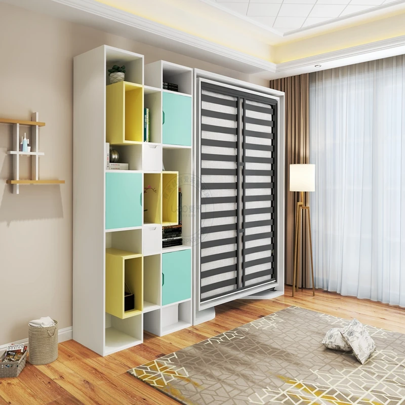 Hidden Wall Bed: Multifunctional Rotating Murphy Bed with Bookshelf and ...