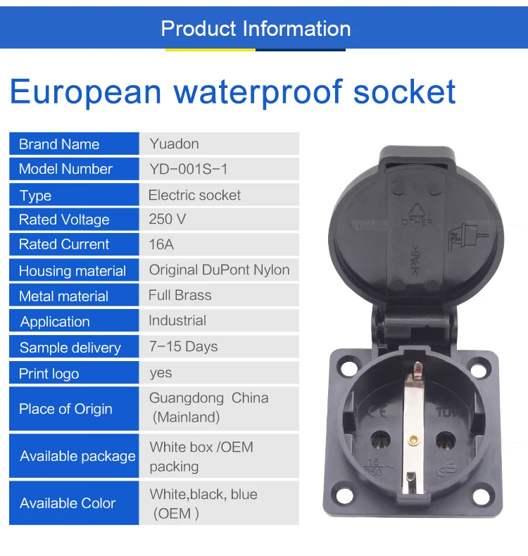 For YUADON YD-001S-1 EU Germany 16A Industrial Waterproof Power Socket Outdoor IP44 Wall Socket ...