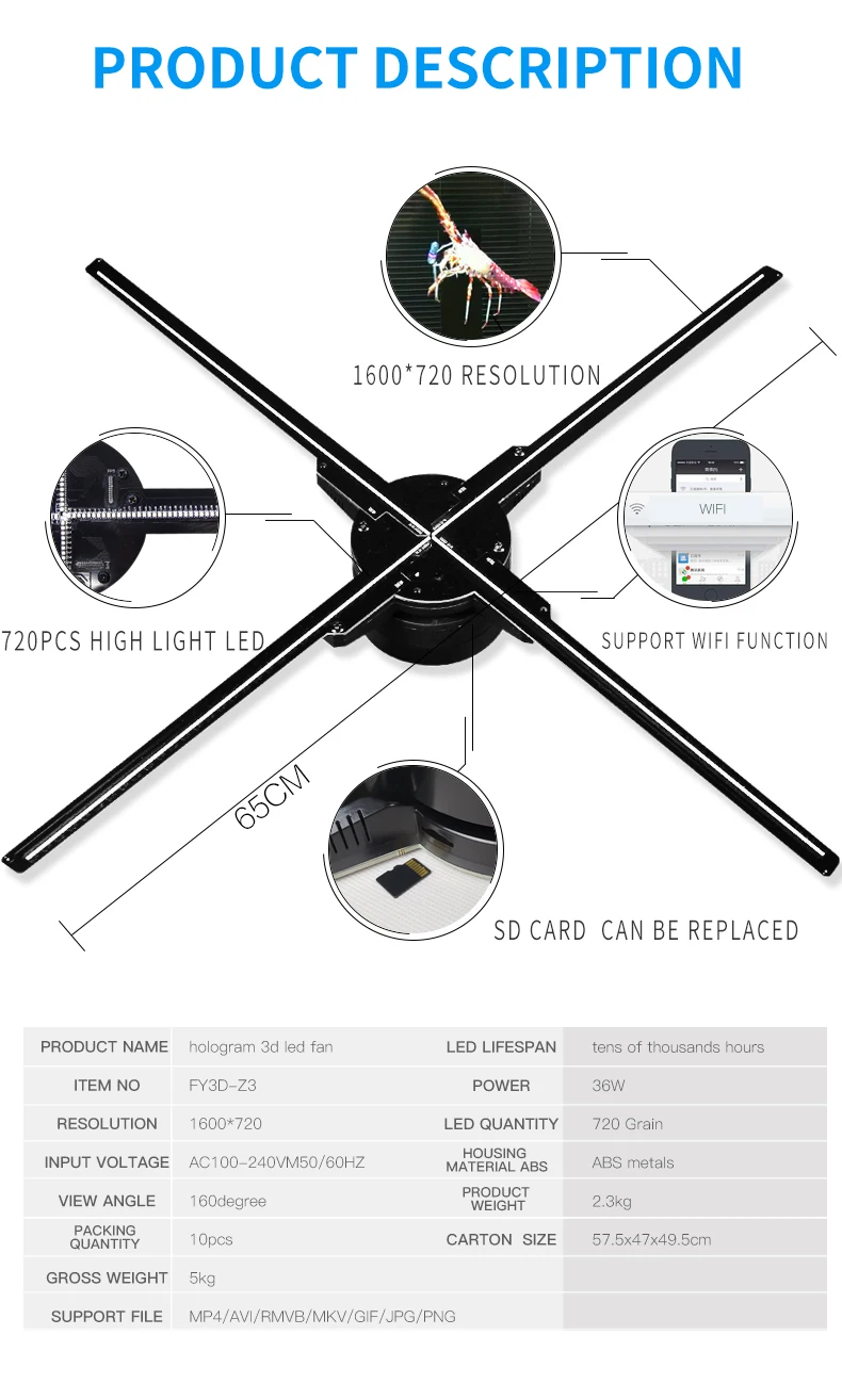 65cm 3D Hologram Fan - Wi-Fi Advertising Display Projector
