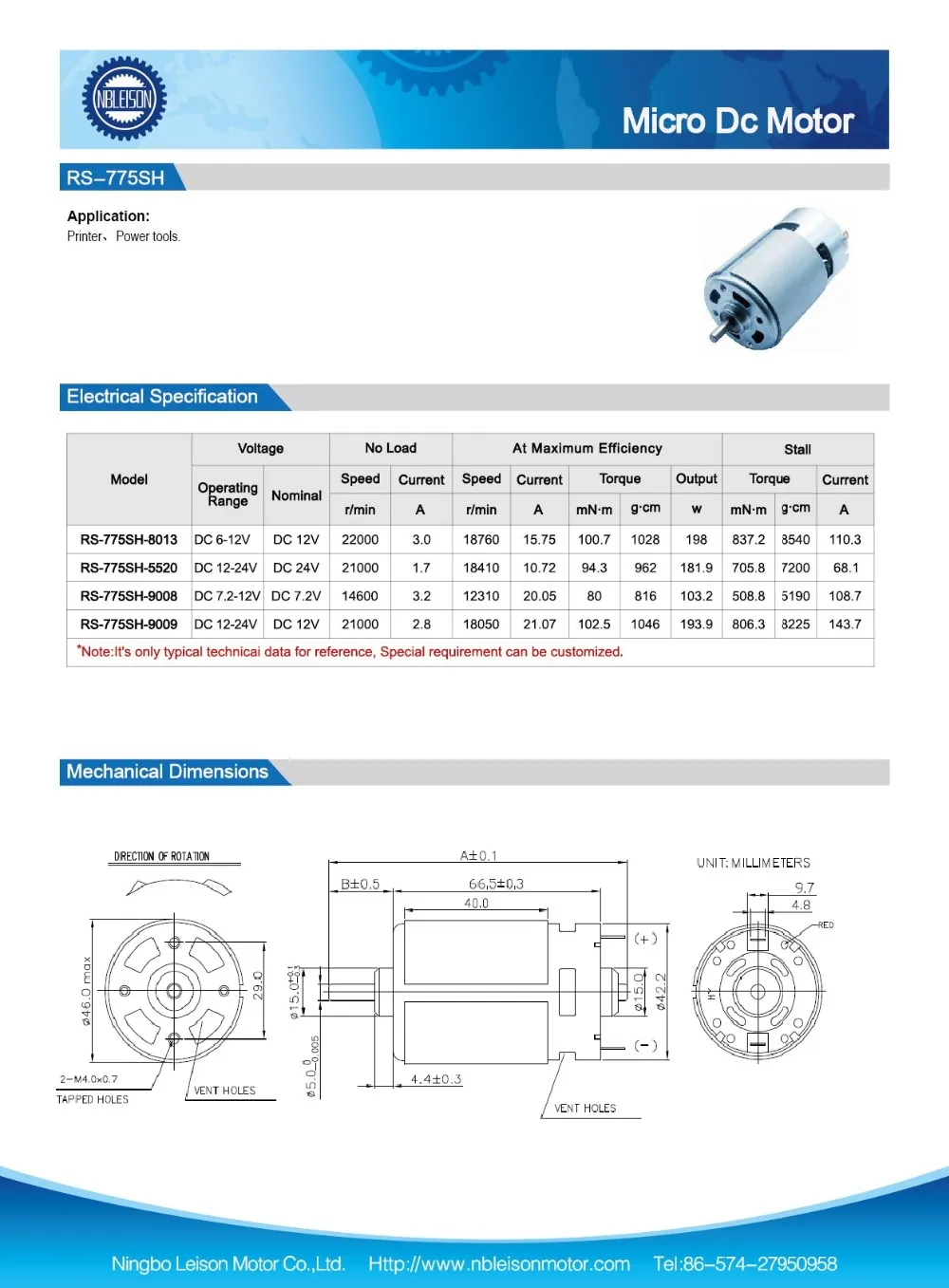 High RPM 10000RPM 20000RPM 775 Brush DC Motor for Grinder