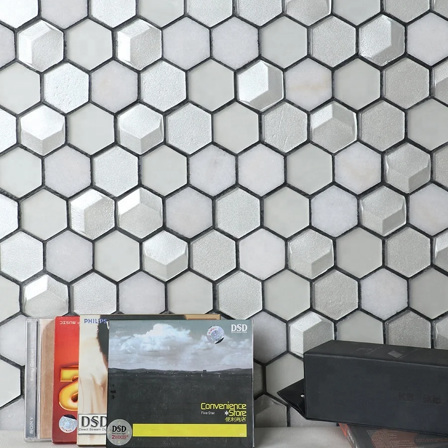 Mm Mosaic Hexagon 3d Wall Tiles Super White Glass Mosaic Mixed Stone ...