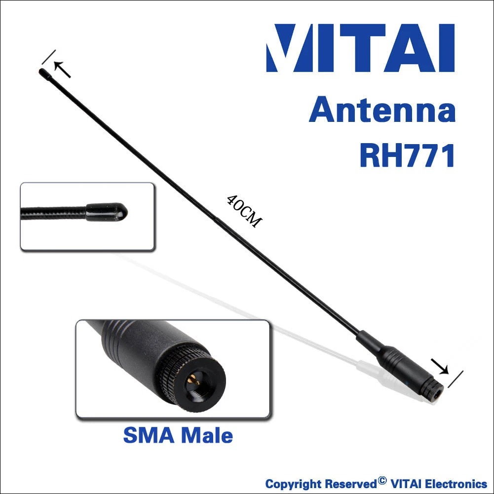 Vitai Rh-771 Two Way Radio Antenna 40cm With Bnc/sma Male/female Connector Gain 3.2db/2.15db ...