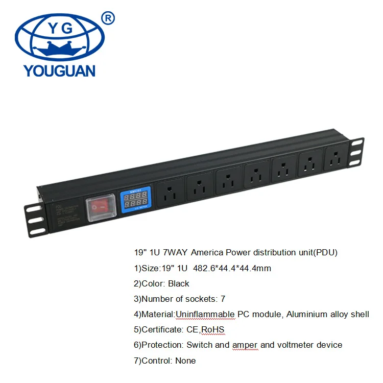1.5U PDU 2P Circuit Breaker Power Strip Socket 110V 15A 7 Ways US ...