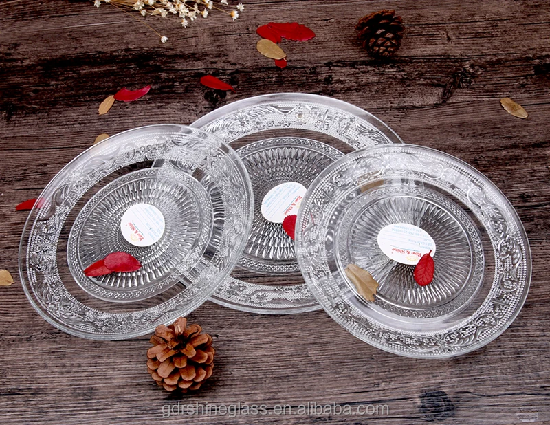 Round glass plate dinnerware transparent embossed plate glass dish for ...