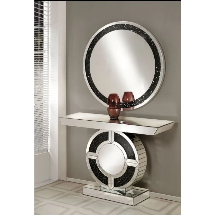 Hall Way Elegant Round Wall Black Crystal Mirror With Console Table ...