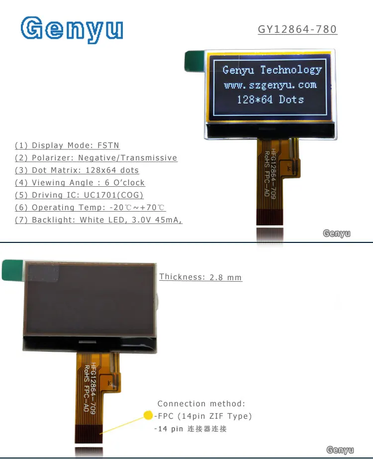 1.45inch 128x64 Graphic Lcd 128x64 Lcd Display 14pin Socket Fpc Uc1701x ...