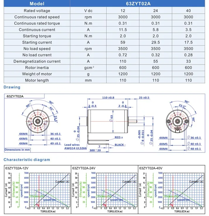 63ZYT02A High Torque Brushed 3000rpm PM DC Motor - 100W