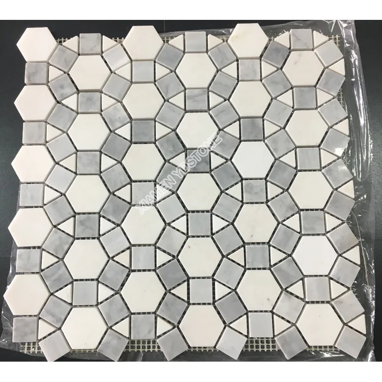 Round Pattern Marble Floor Mosaic - White and Grey Tiles
