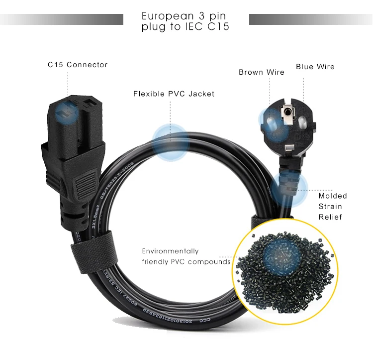 IEC C14 Male 3 Pin Eu Plug to C15 Block Lock Connector Ac Power Cord