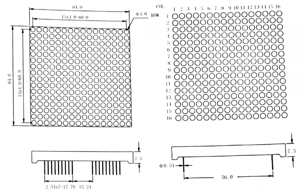 RGB 16x16 LED Matrix Display - 64x64mm - 2.54 Pixel Pitch