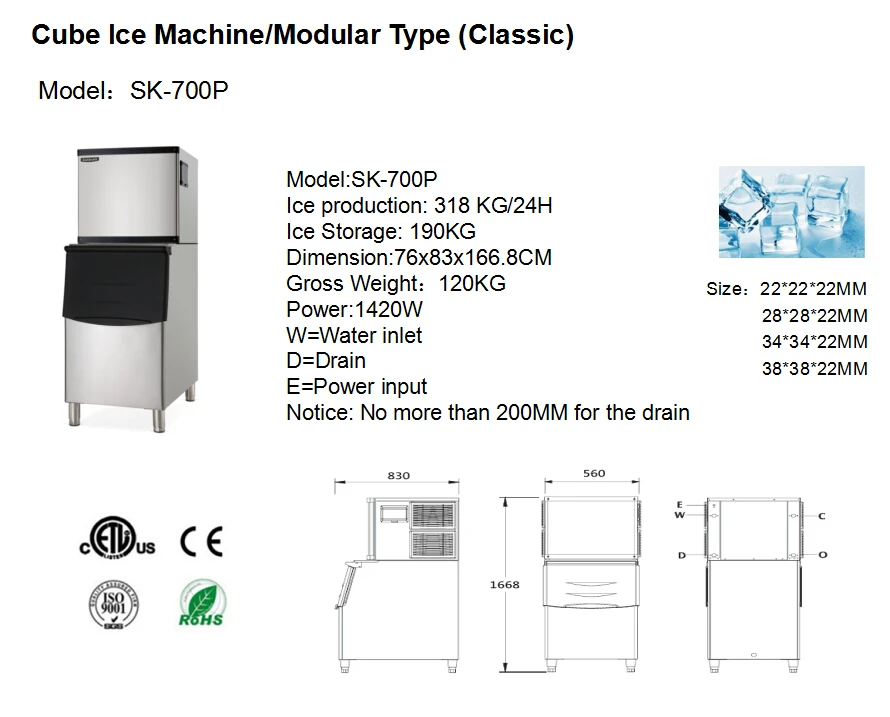 Commercial 3 Years Warranty Restaurant 700 Lbs 300kg/24h Cheap Ice Cube ...