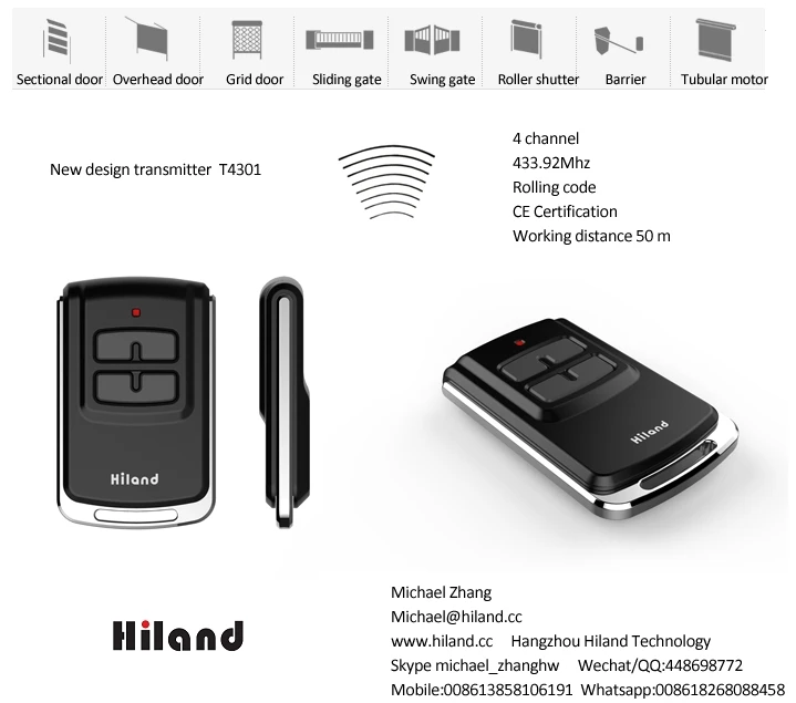 Hiland 2023 Fantastic Selling 433.92mhz Frequency Remote Control T4301 - Buy Remote Controllers ...