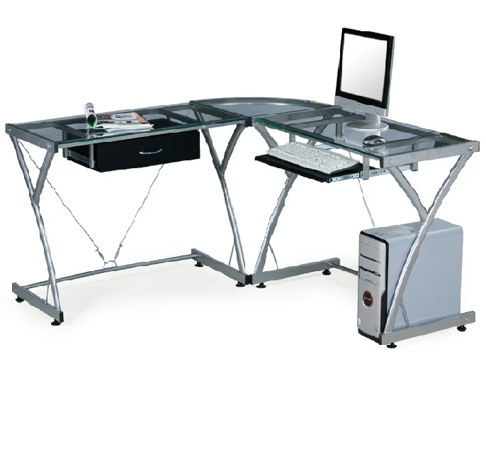 L Shape Metal Base Tempered Glass Computer Table Desk For Home Office ...