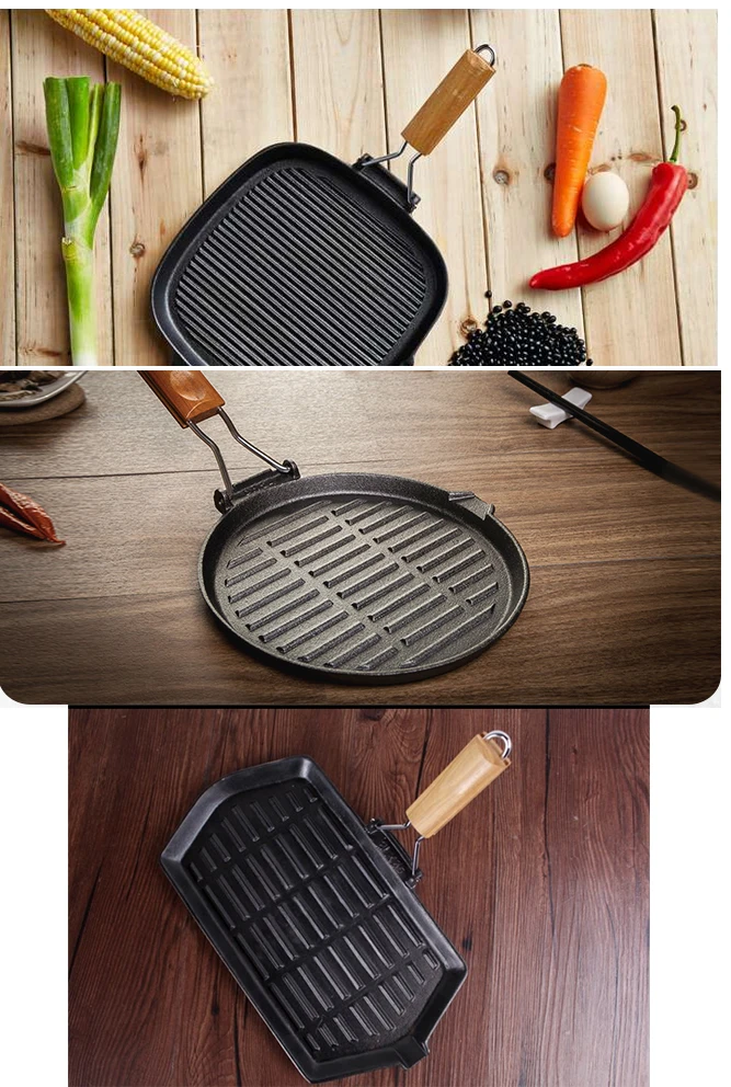 Cast Iron Pre-seasoned Square Griddle Grill Pan With Folding Wooden ...