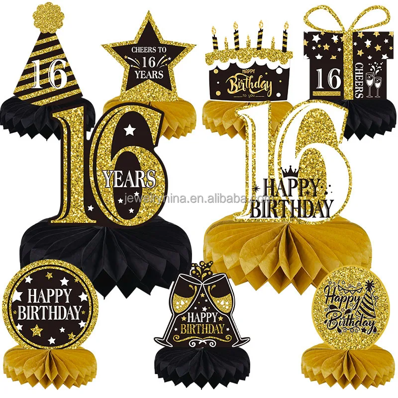 Black Gold 16 Year Old Birthday Theme Honeycomb Ball Decoration Desktop black-gold-16-year-old-birthday-theme-honeycomb-ball-decoration-desktop