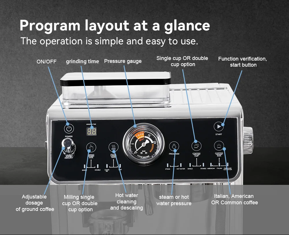 Semi-auto Household Coffee Machine - Multi-Function & Grinder