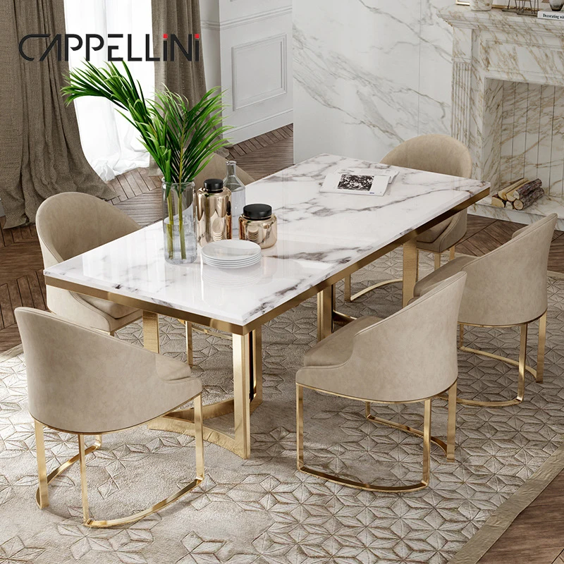 Modern Luxury Rectangular Gold Dinning Table Set 6 Seater 4 Chairs ...