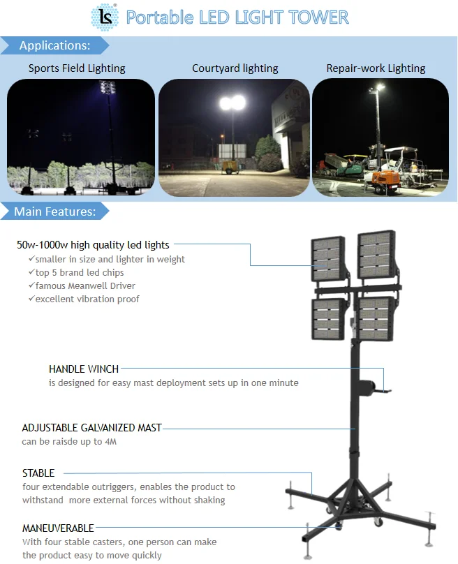 6m 9m 12m Height LED Mobile Light Tower - 1500w Telescopic Pole