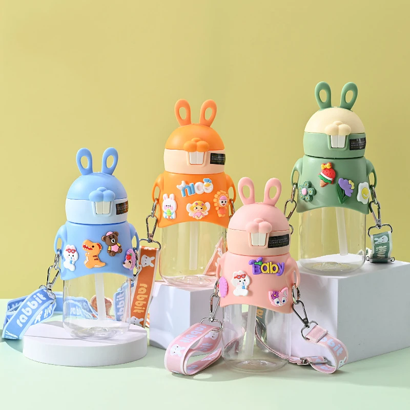 Cartoon Rabbit Plastic Water Bottle With Straw 600ml Summer School Kids ...