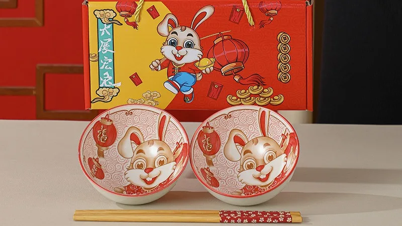 Redeco Chinese Style Rabbit Bowls Dinner Plates With Chopsticks ...