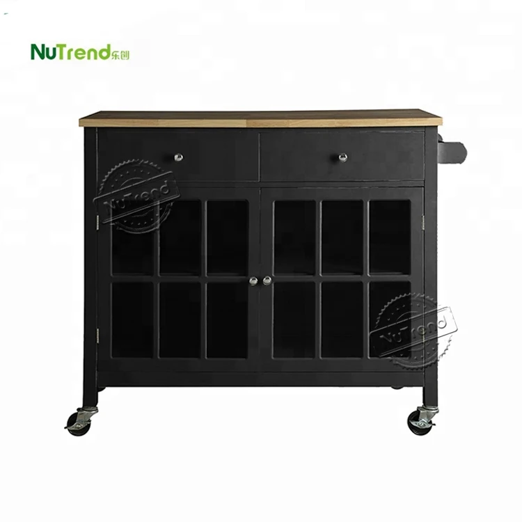 Movable Black Trolley Wooden Serving Storage Cabinet On Wheels Rolling ...