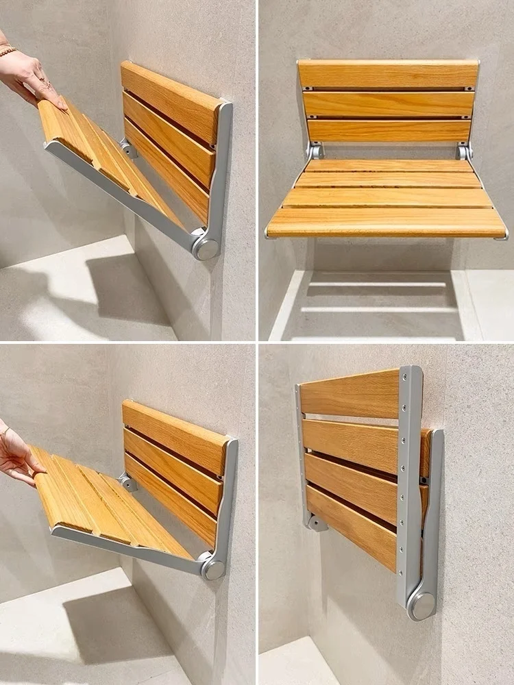 Modern Wooden Wall-Mounted Folding Shower Bench Seat Fold Down Bath ...