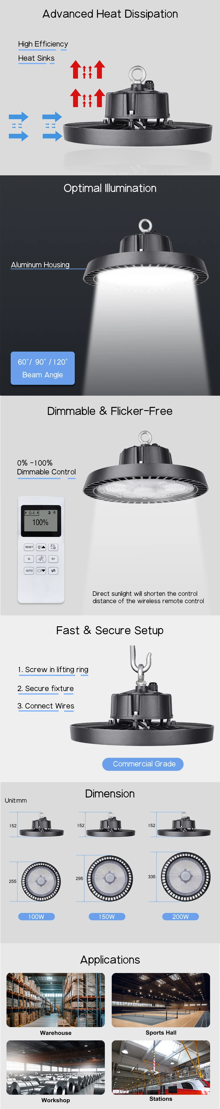 Smart 100w 200w 200w Led Highbay Light Lighting Industrial Commercial With Daylight Sensor ...