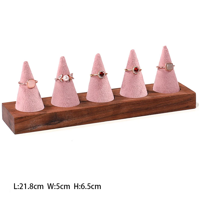 Luxury Gray Velvet Pink Single Ring Display Wooden Cone Ring Holder ...
