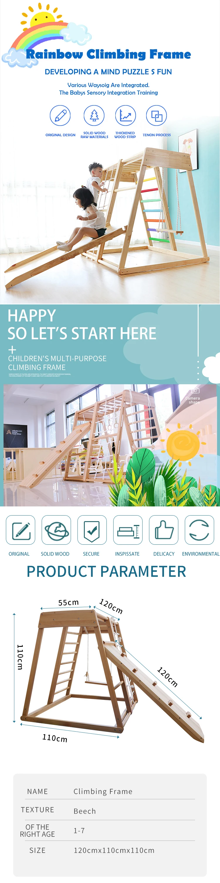 Montessori Children Indoor Wooden Climbing Frame And Swing Climbing ...