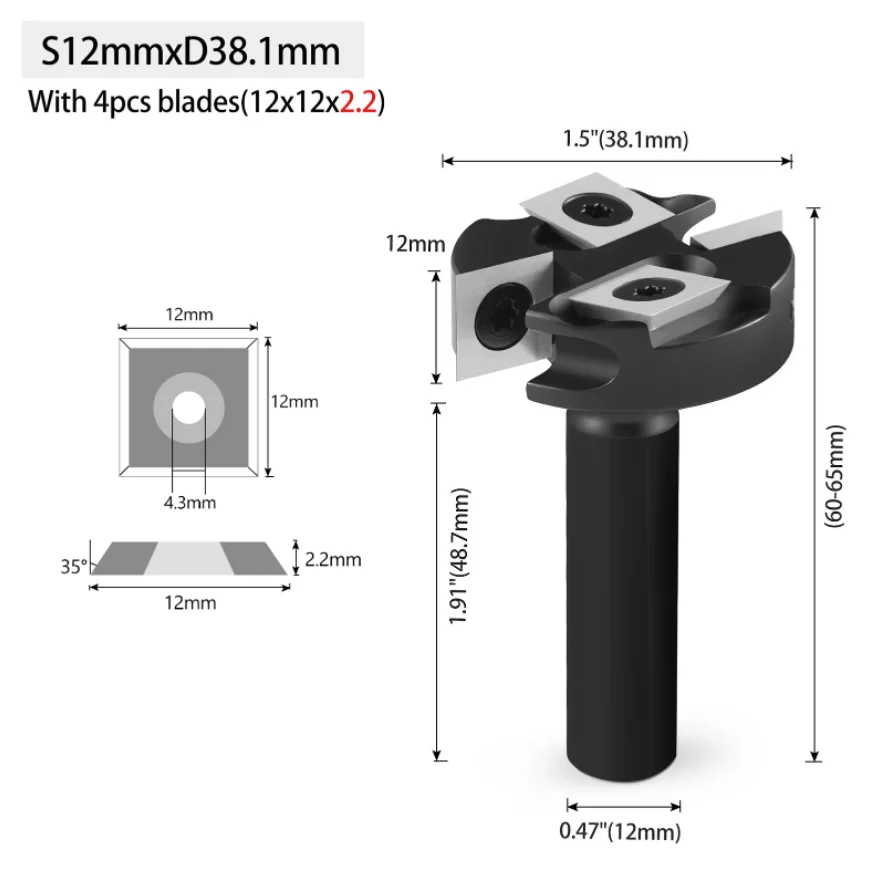 Wood Planer Bit 38.1mm Cutting Diameter 6 6.35 8 12 12.7mm Shank ...